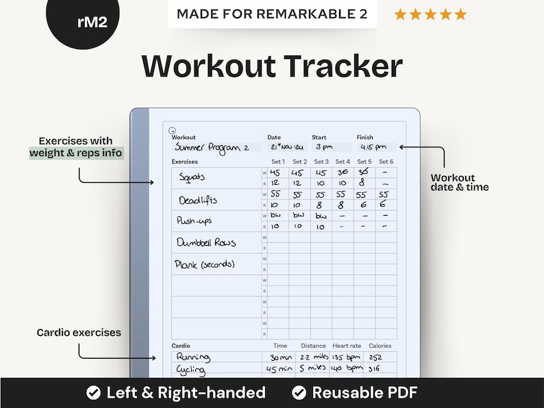 Exercise Workout Template for Remarkable 2 | Fitness Gym Tracker With ...