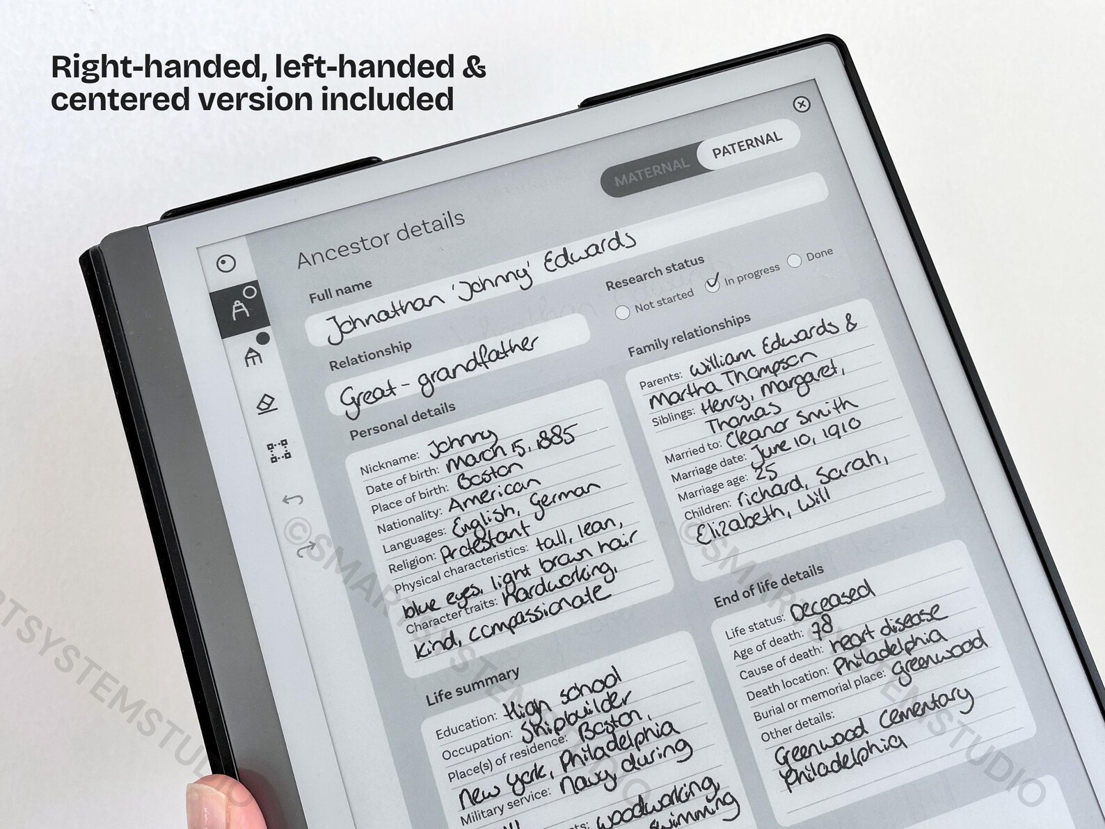 Genealogy Family Tree Template for Remarkable 2 | Digital Ancestry ...
