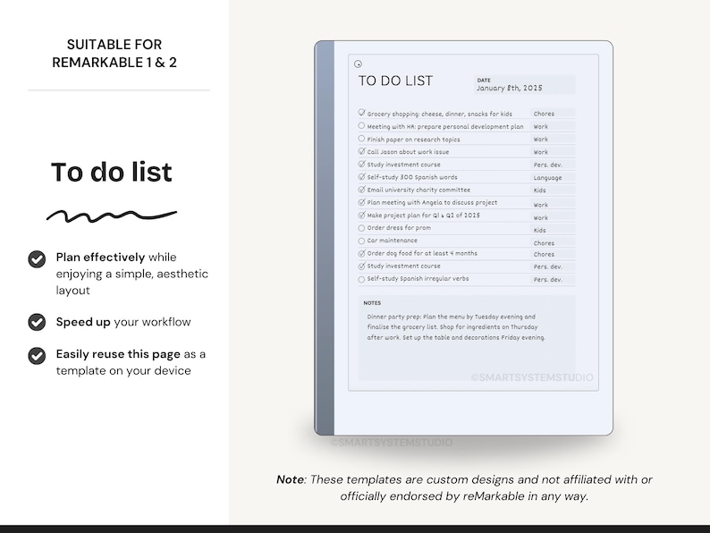 To Do List Template for Remarkable 2, Checklist With Notes and Labels ...