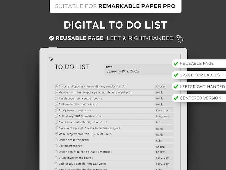 To Do List Template for Remarkable Paper Pro, Checklist Task Tracker ...