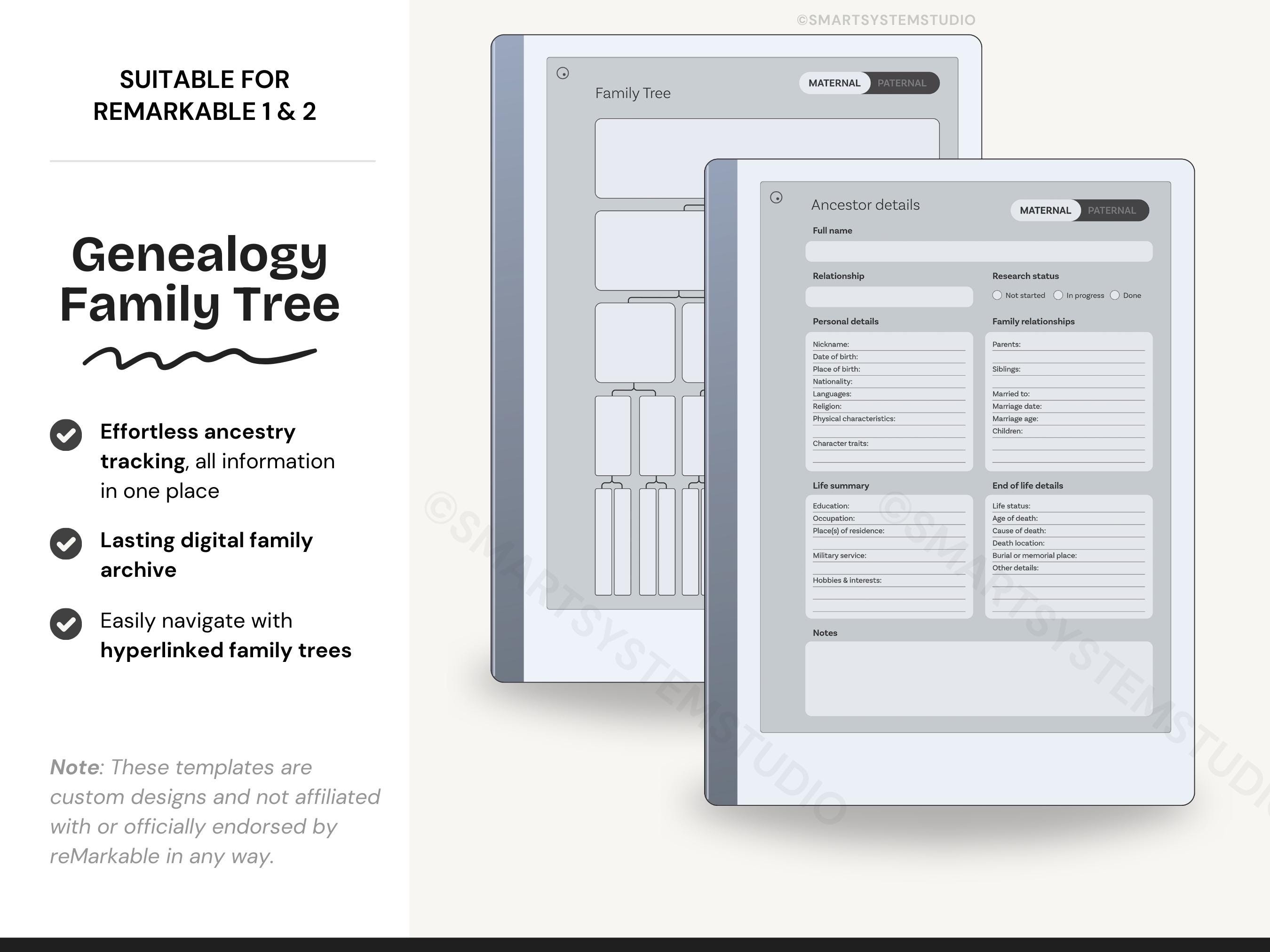 Genealogy Family Tree Template for Remarkable 2 | Digital Ancestry ...