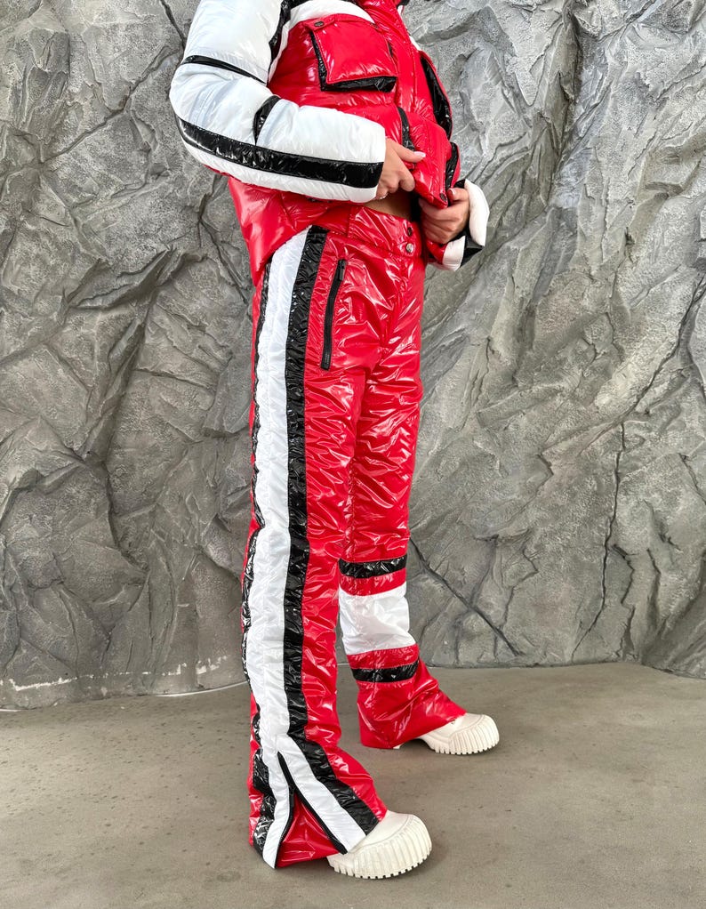 Women’s Red Ski Suit, Shiny Waterproof Two Piece Snowsuit, Insulated ...