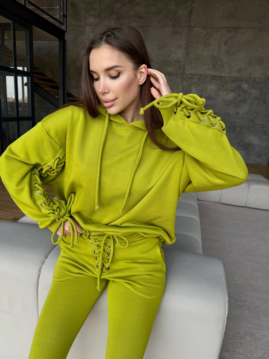 Olive Tracksuit Women | Lace-up Two Piece Lounge Set | Streetwear Sweat ...