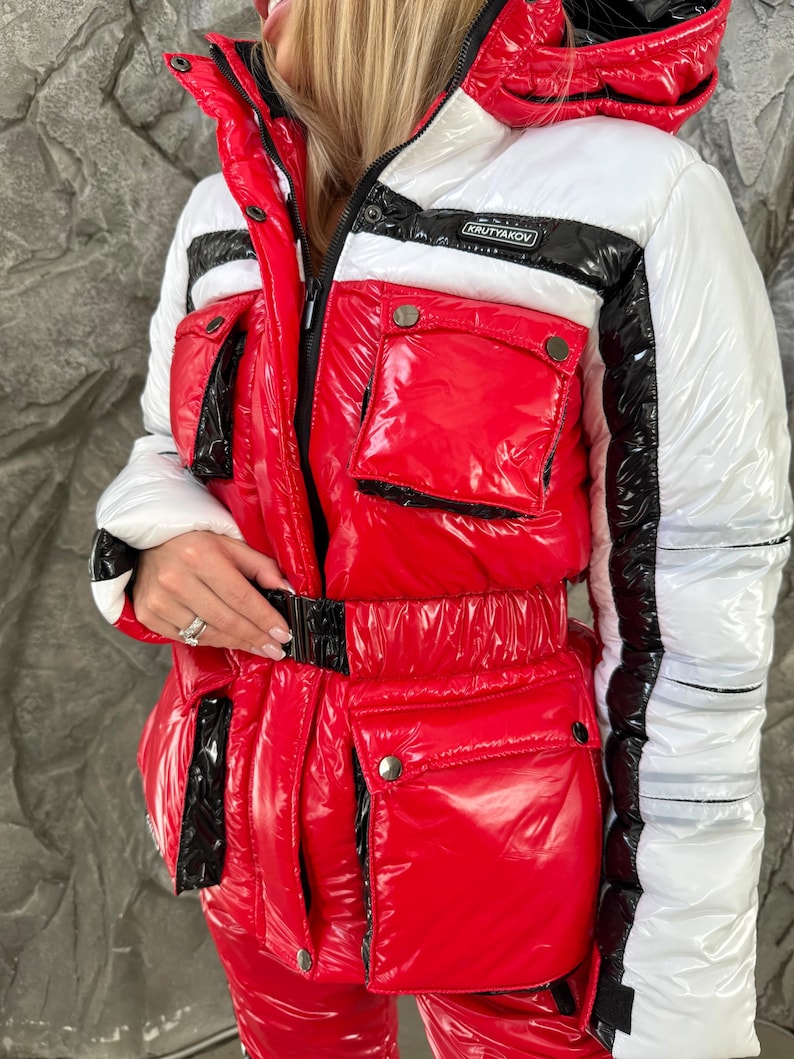 Women’s Red Ski Suit, Shiny Waterproof Two Piece Snowsuit, Insulated ...
