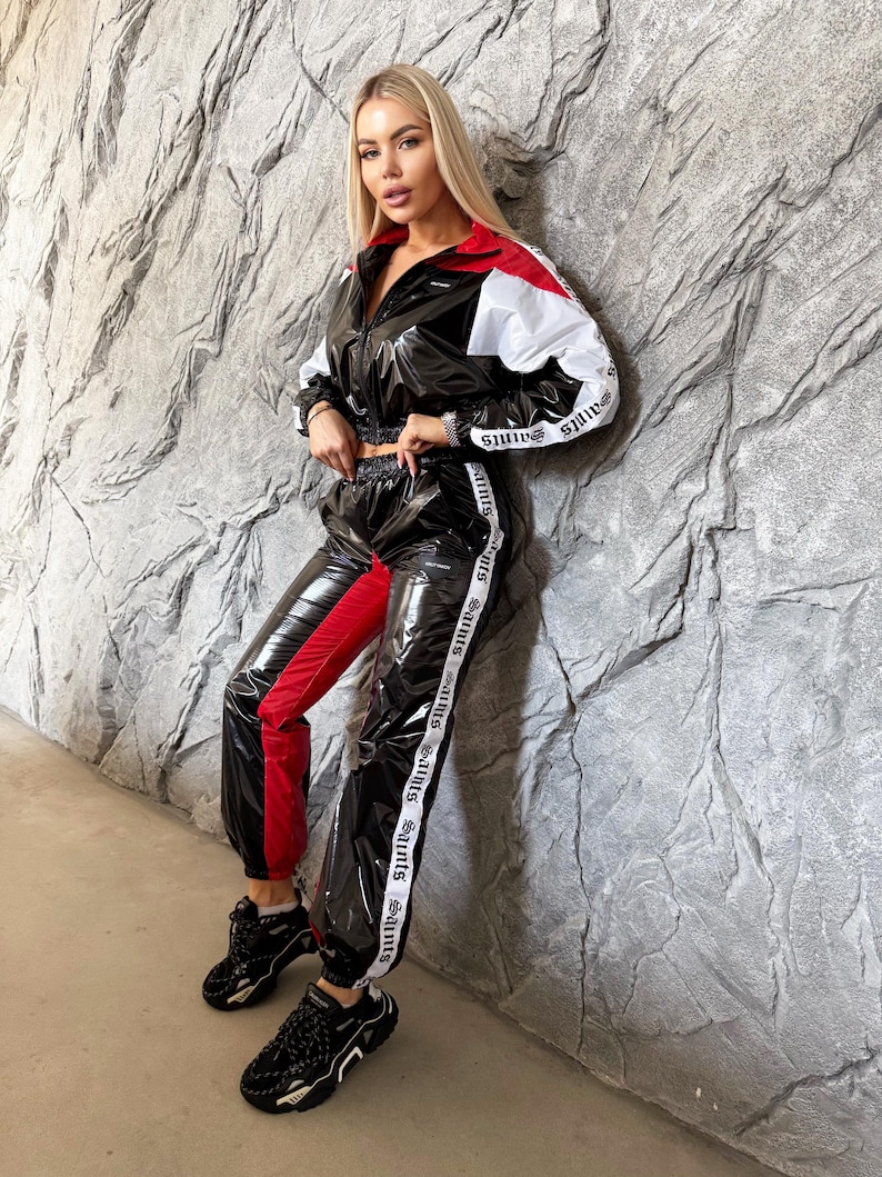 Women’s Shiny Nylon Tracksuit, Glossy Two Piece Jogger Set, 90s ...