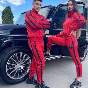Red Tracksuit Women | Two Piece Jogger Set With Black Stripes | Sporty ...