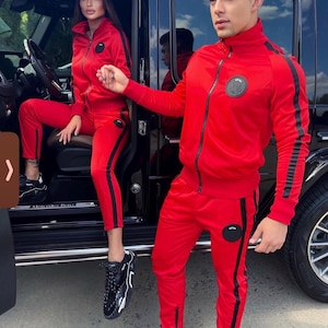 Red Tracksuit Women | Two Piece Jogger Set With Black Stripes | Sporty ...