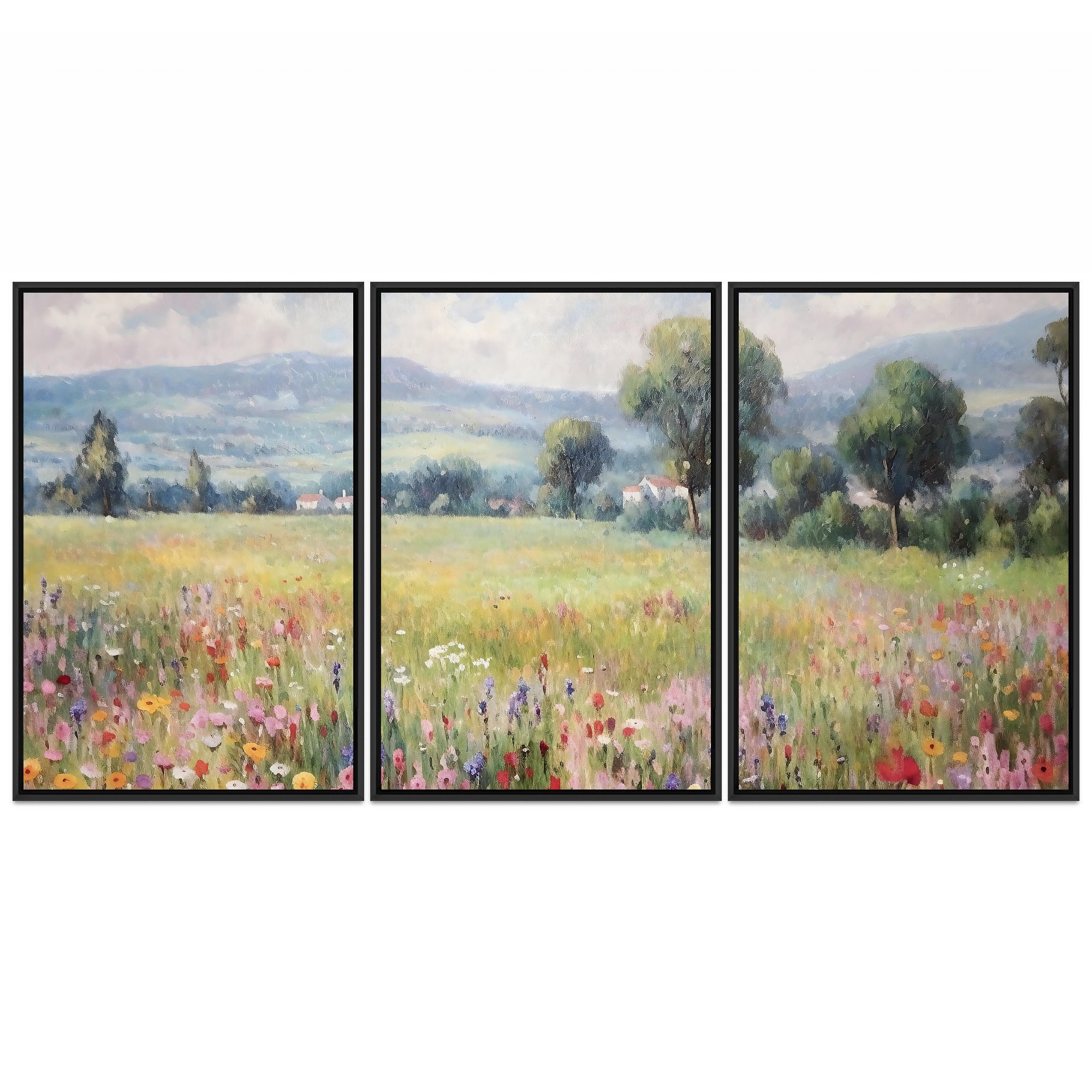 Wildflower Field Framed Canvas Oil Painting Landscape Wall Art, Nature ...