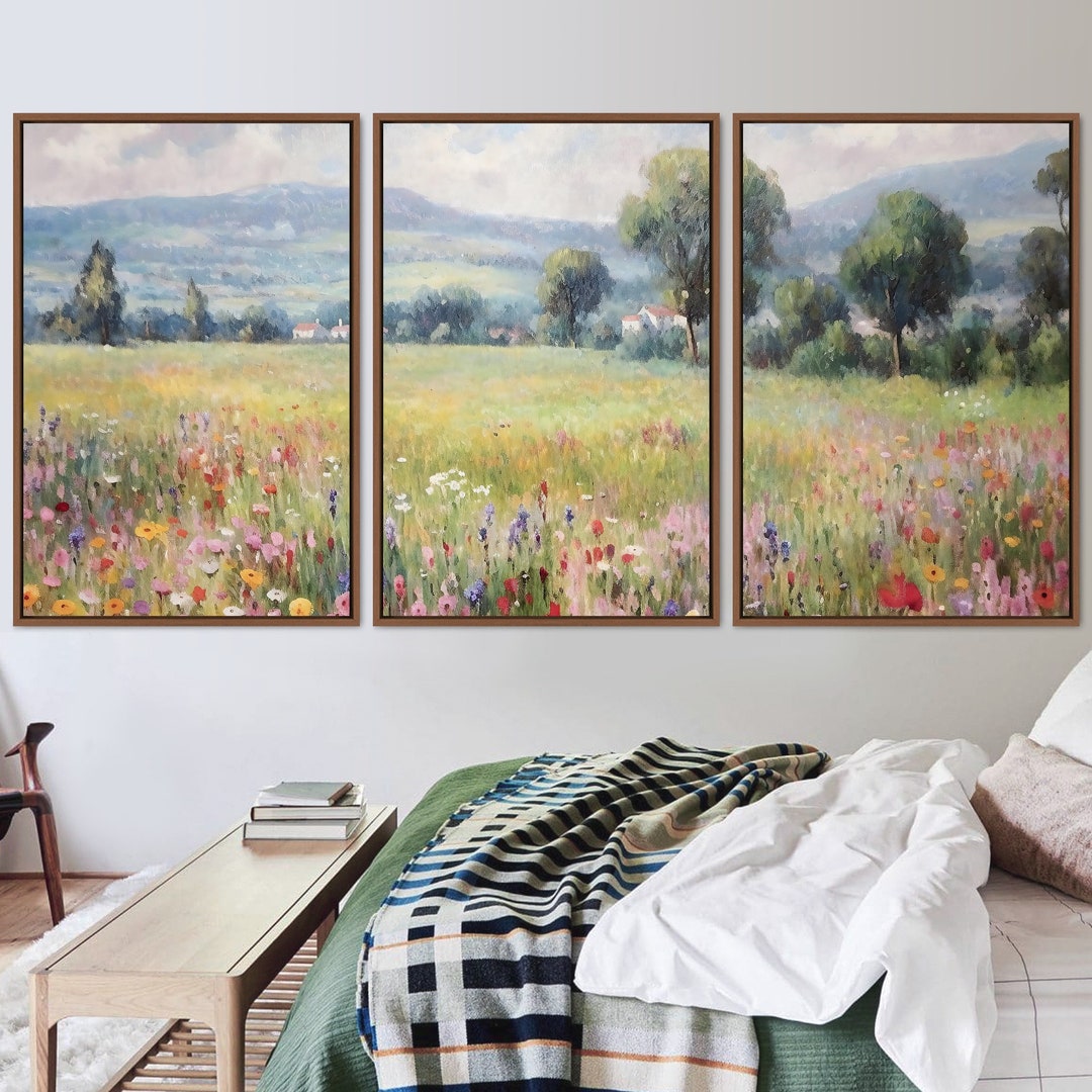 Wildflower Field Framed Canvas Oil Painting Landscape Wall Art, Nature ...