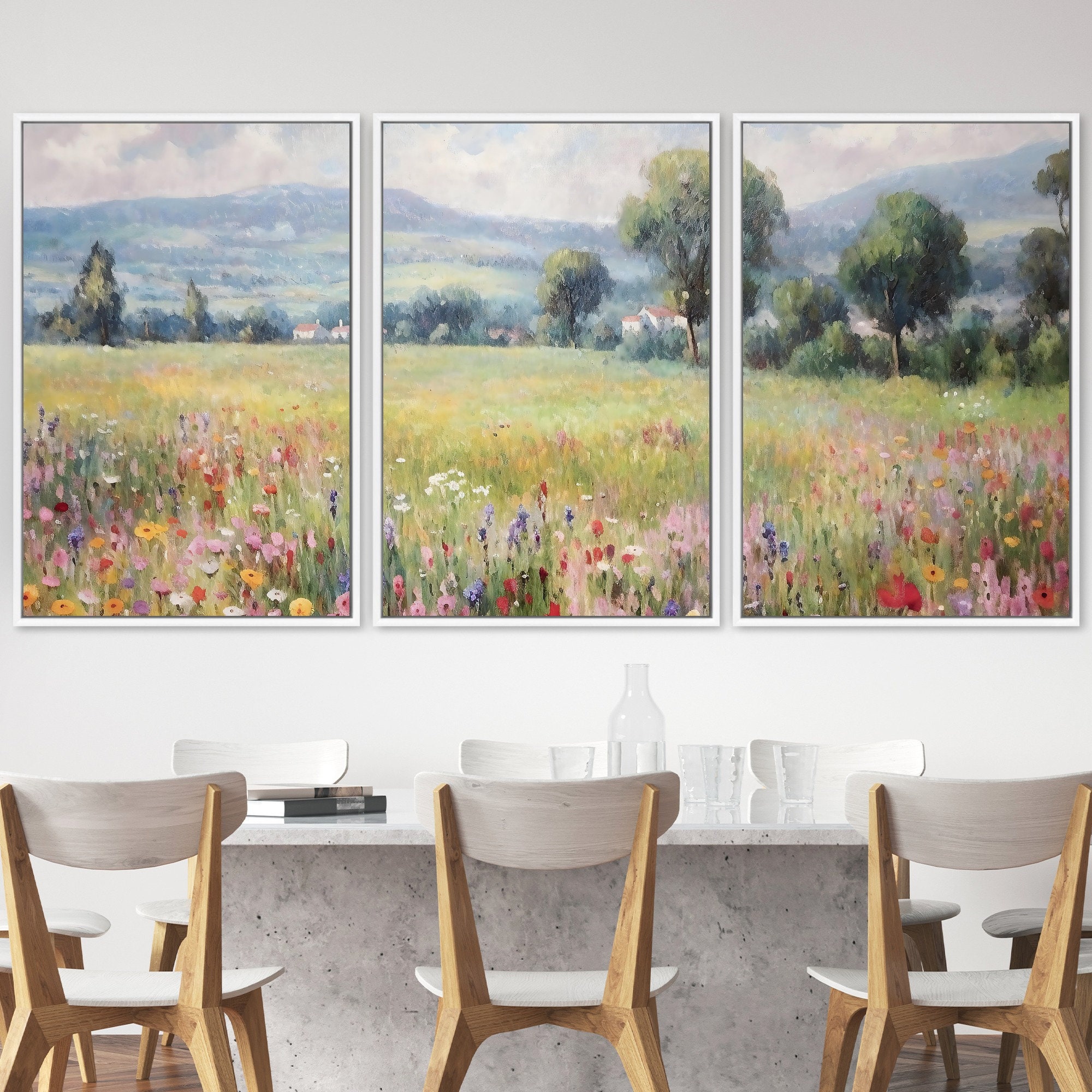 Wildflower Field Framed Canvas Oil Painting Landscape Wall Art, Nature ...