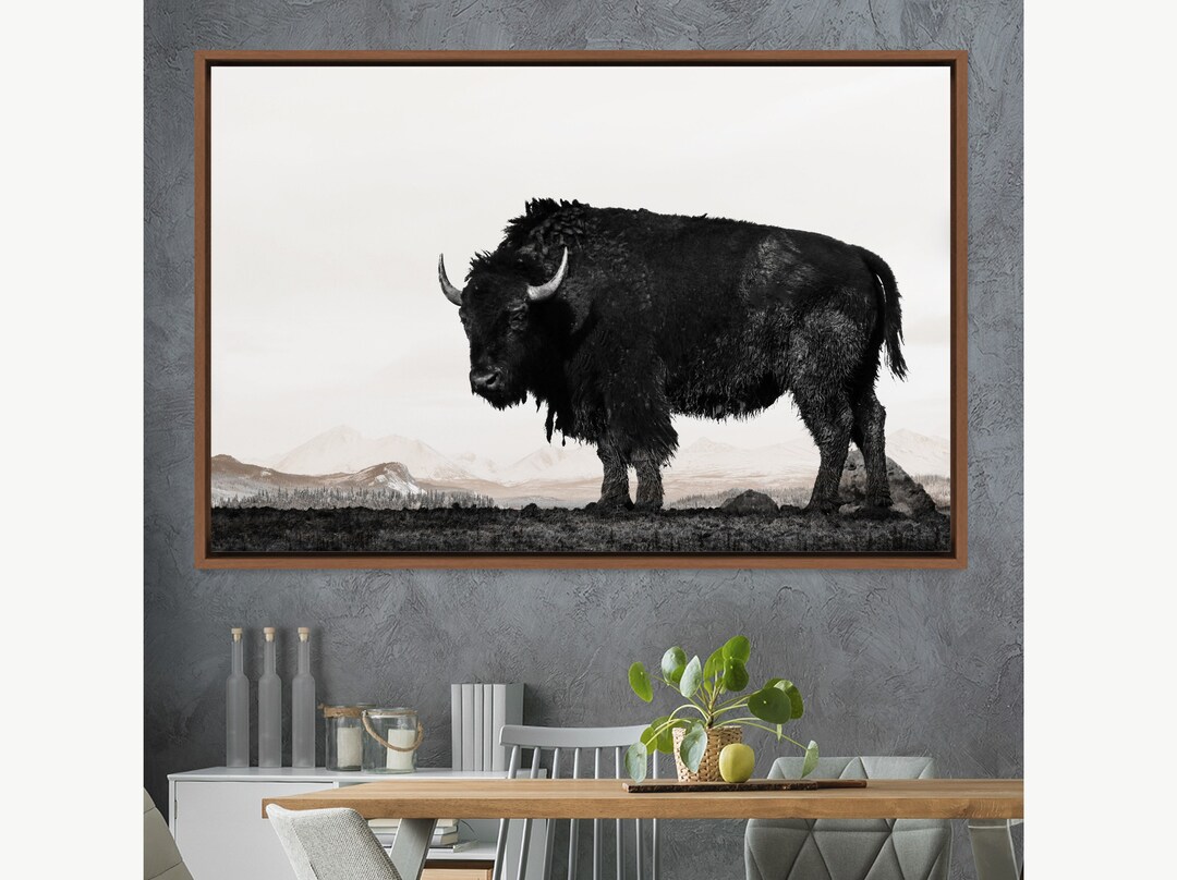 Framed Canvas Print Black White Buffalo Bison Desert Landscape Animals ...