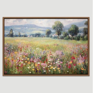 Wildflower Field Framed Canvas Oil Painting Landscape Wall Art, Nature ...