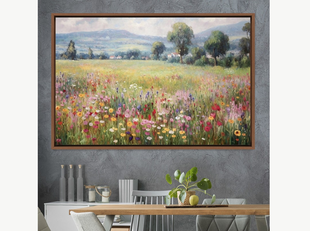 Wildflower Field Framed Canvas Oil Painting Landscape Wall Art, Nature ...