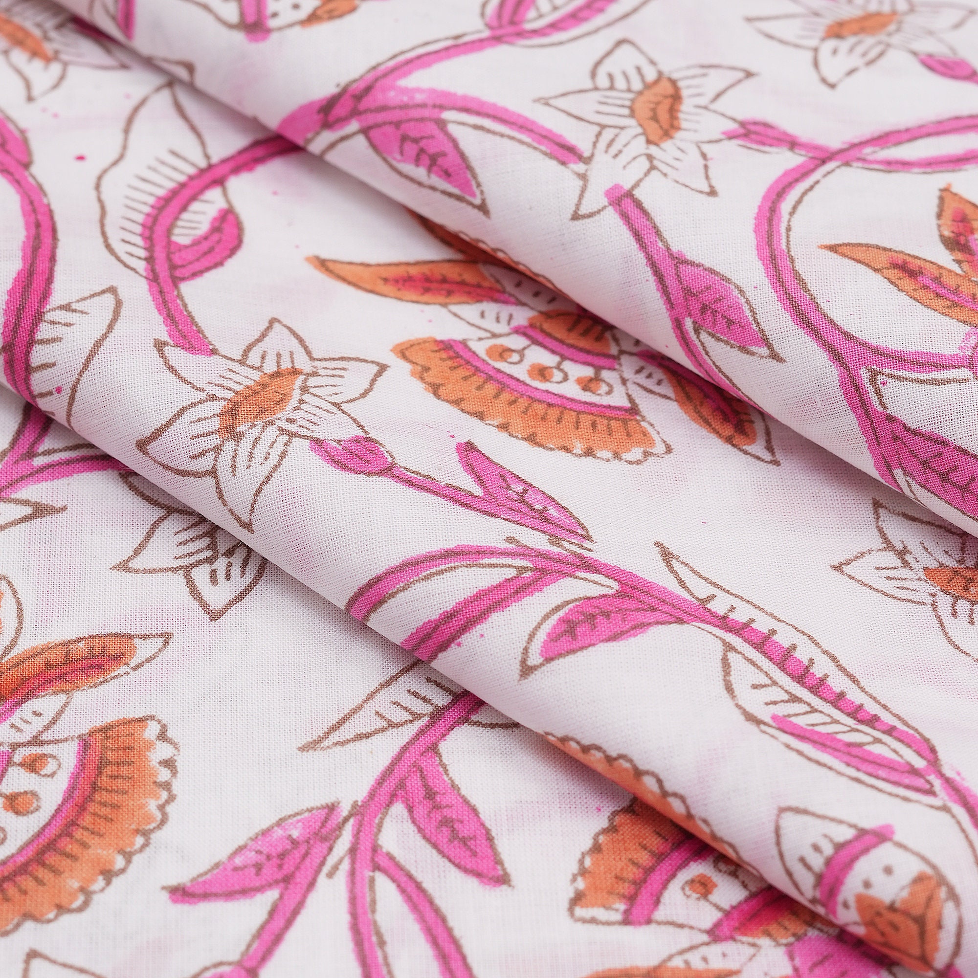 Multi Color Flower Block Print Fabric Cotton Fabric, Unstitched Sewing ...