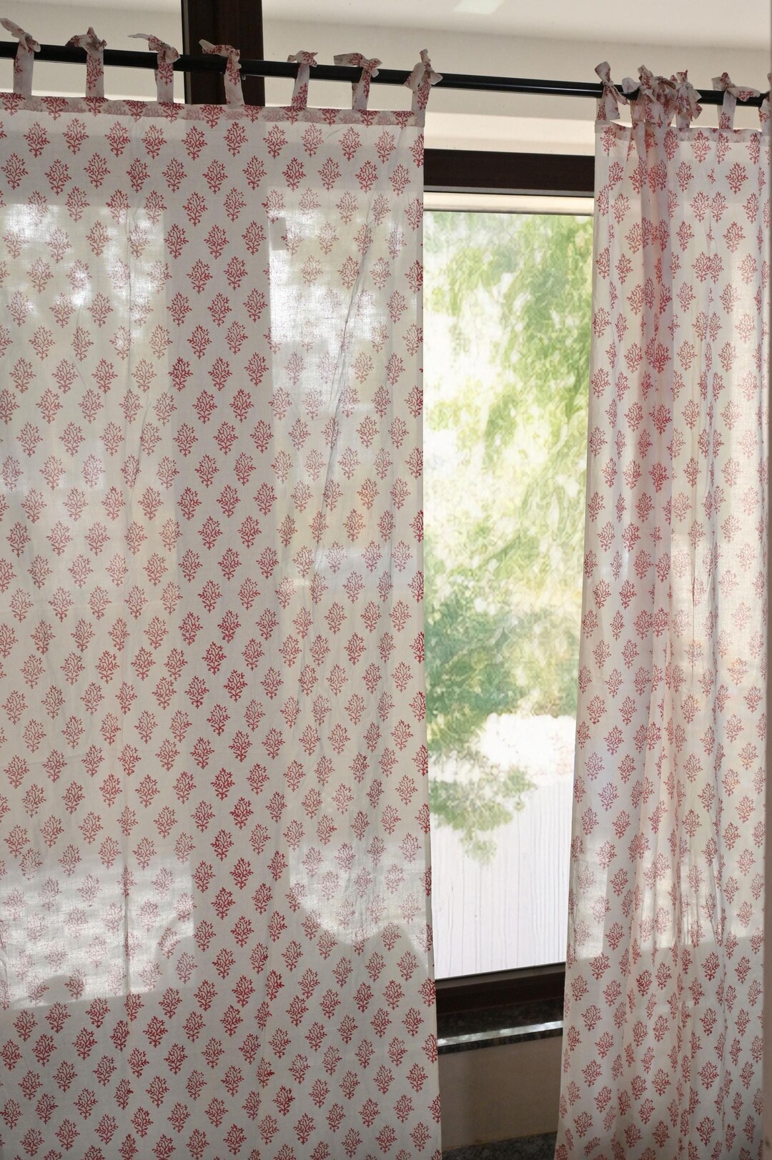 Bohemian Pink Floral Window Curtains Set, Hand Block Printed Drapes ...