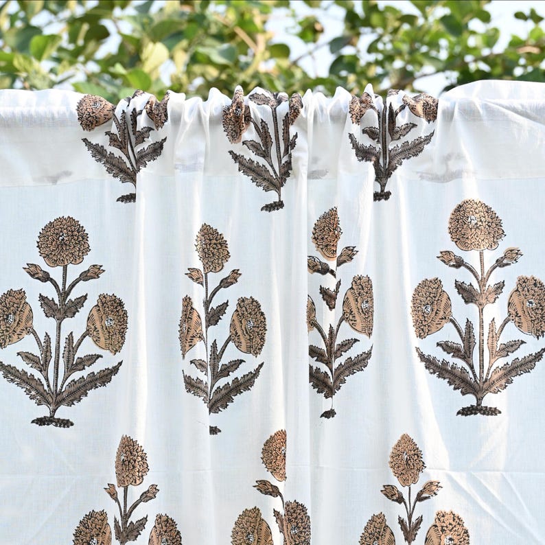 Boho Floral Cotton Curtains, Handmade Farmhouse Curtains, Hand Block ...