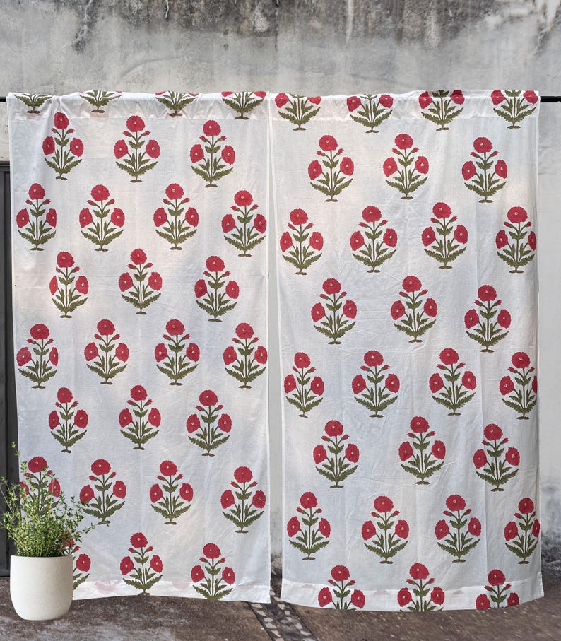 Hand Block Print Mughal Floral Cotton Curtains, Boho Window Panel ...