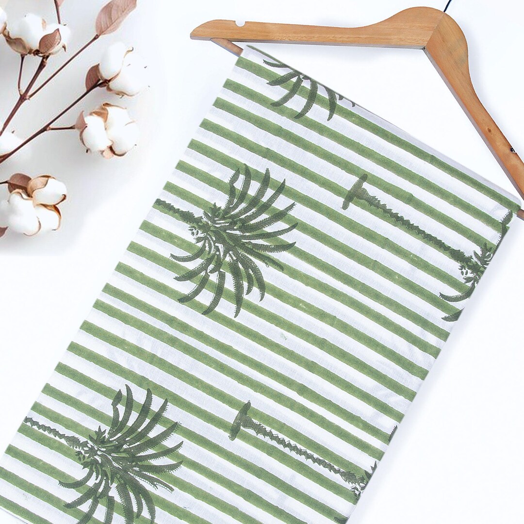Green Palm Tree Block Printed Cotton Fabric, Hand Block Print Indian ...