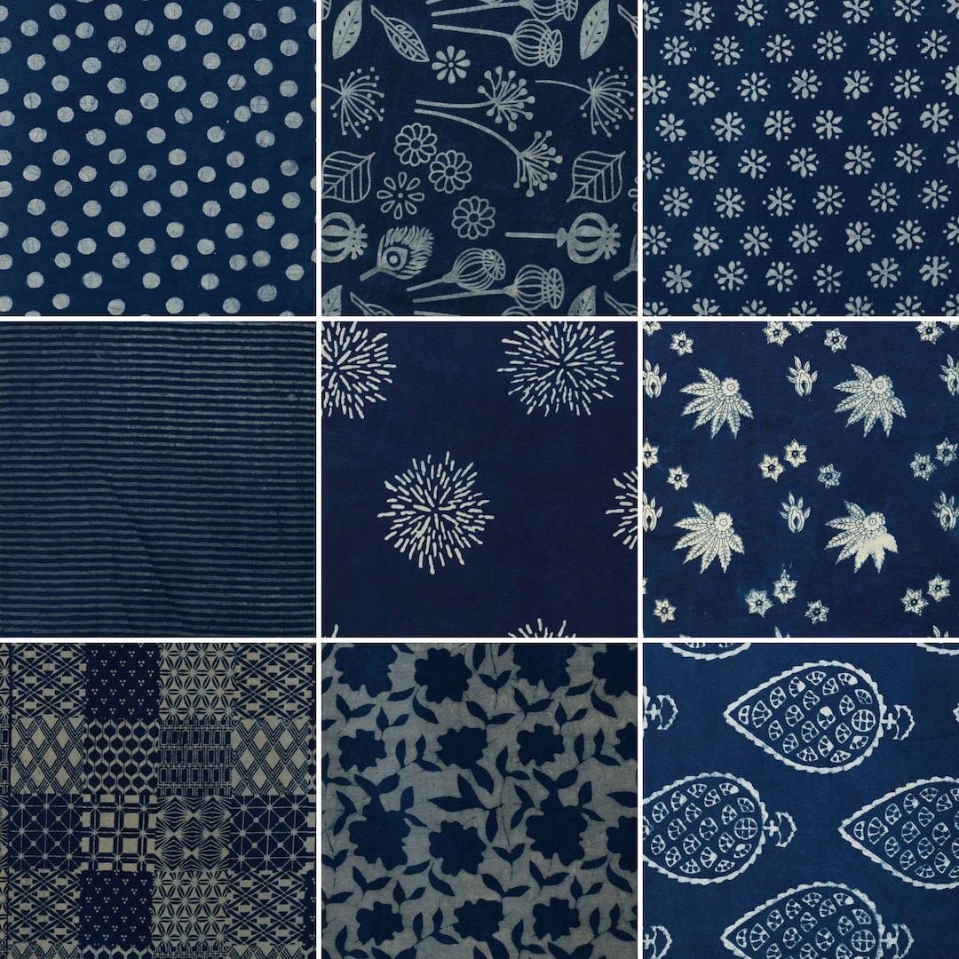 Indigo Hand Block Printed Cotton Fabric, Handmade Indian Textile, Natural Dyed Fabric for ...