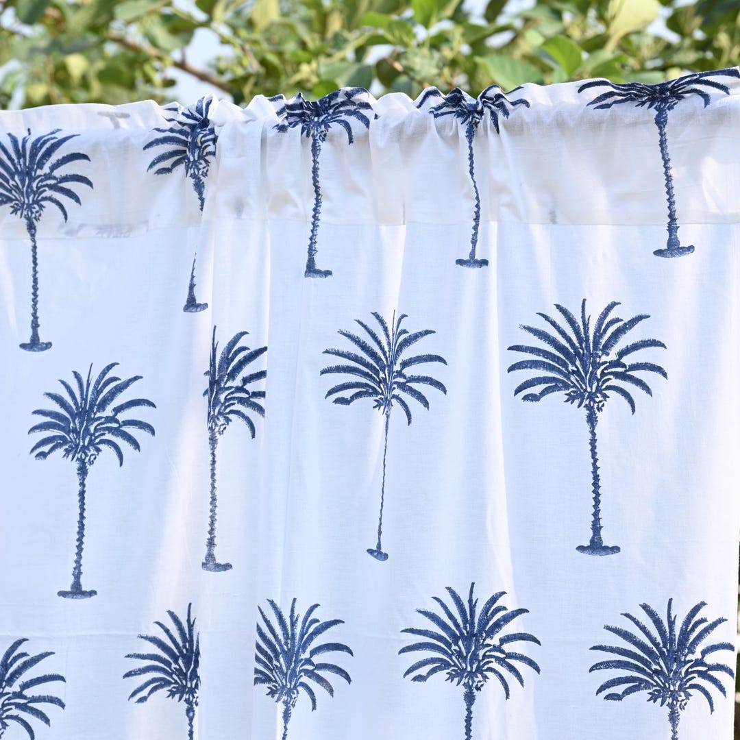 Palm Tree Block Print Curtain, Cotton Curtain Panel, Farmhouse Style ...