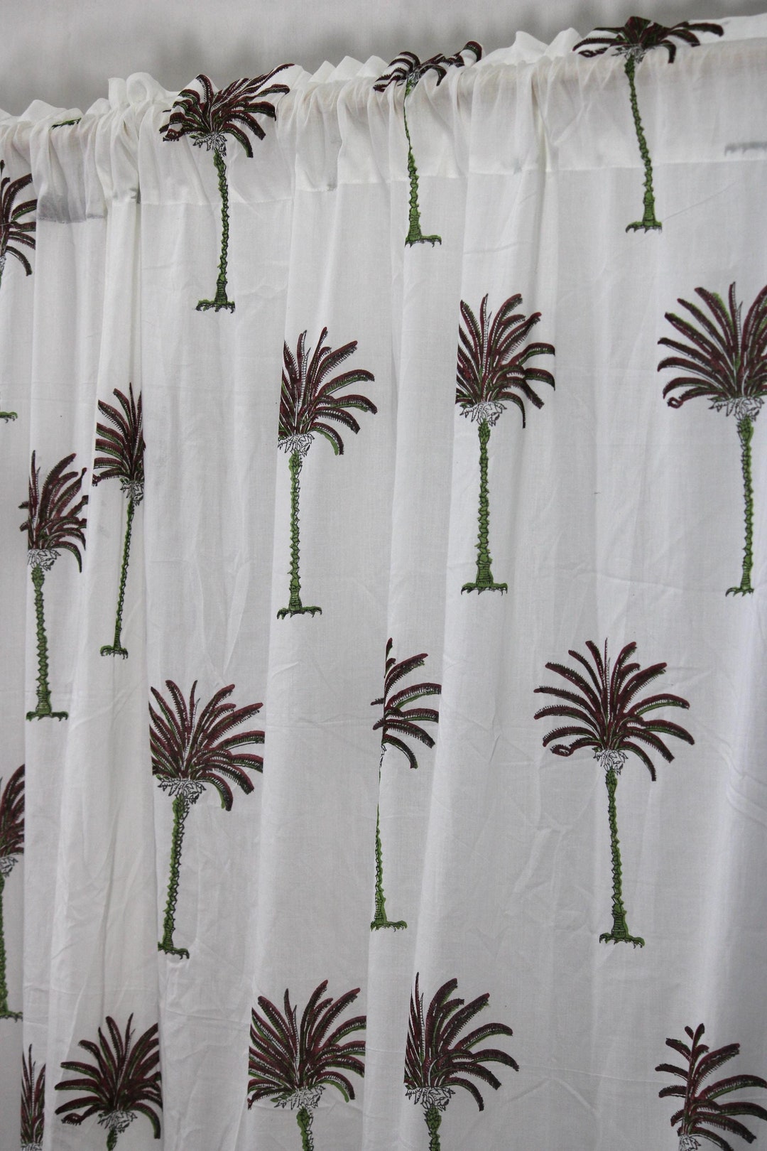 Hand Block Print Cotton Curtain Drapes, Palm Tree Window Panels, Living ...
