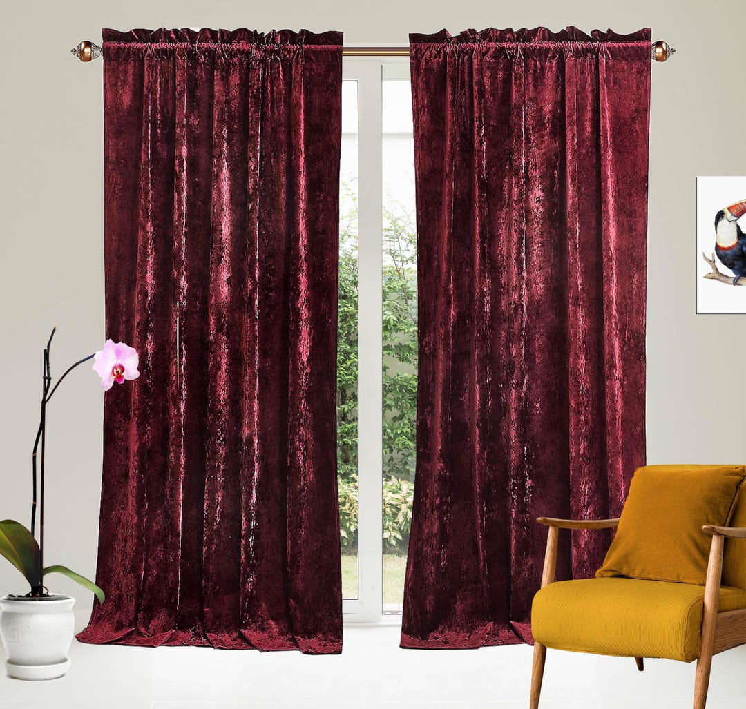 Blackout Maroon Crushed Velvet Curtain Panels for Living Room, Bedroom ...