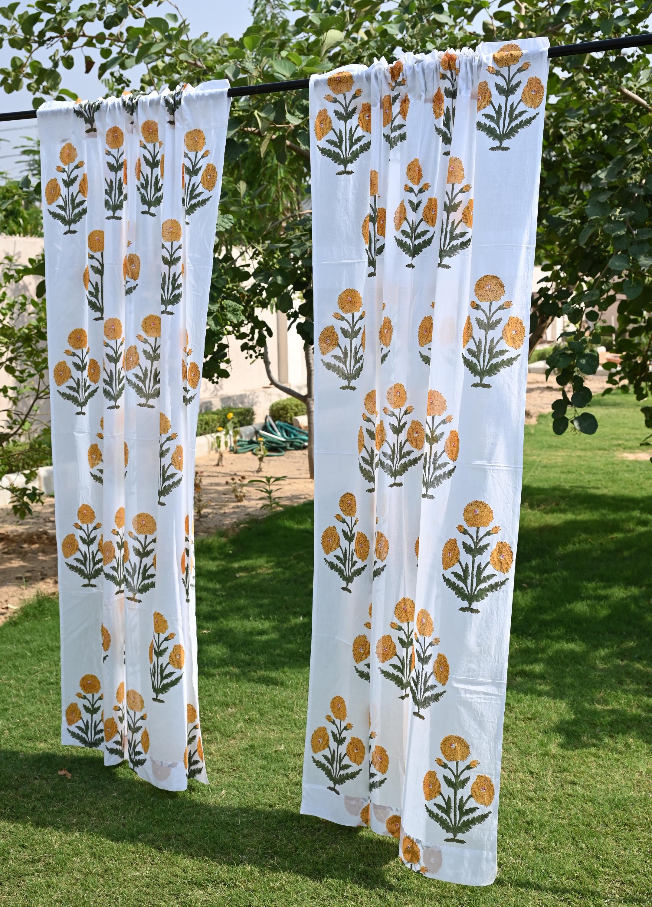 Hand Block Print Cotton Curtains, Poppy Yellow Mughal Floral Curtains ...