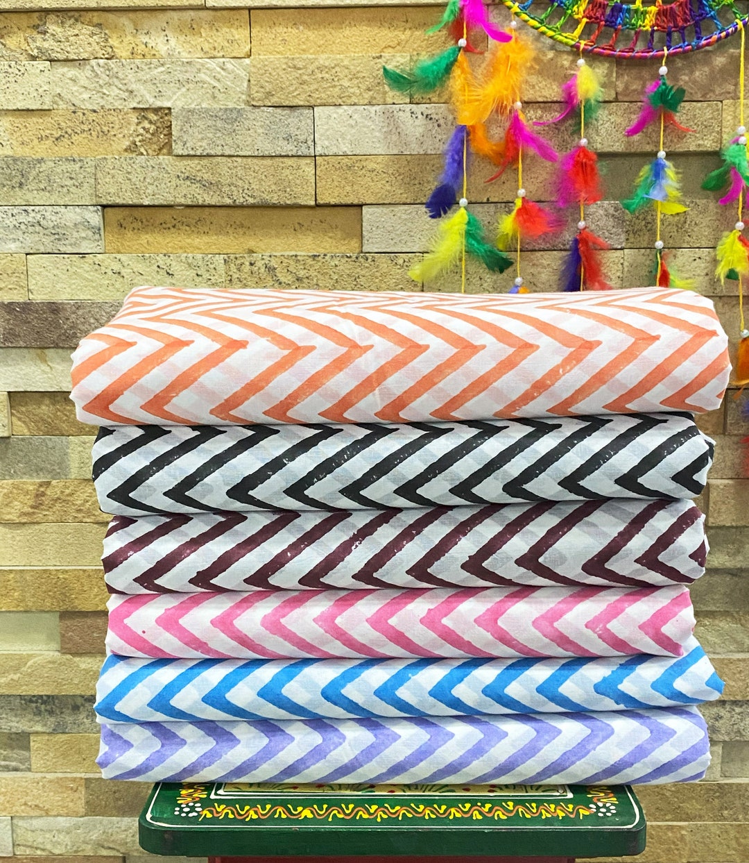20 Yard Cotton Sewing Fabric Material, Zig Zag Hand Block Printed Sheer ...