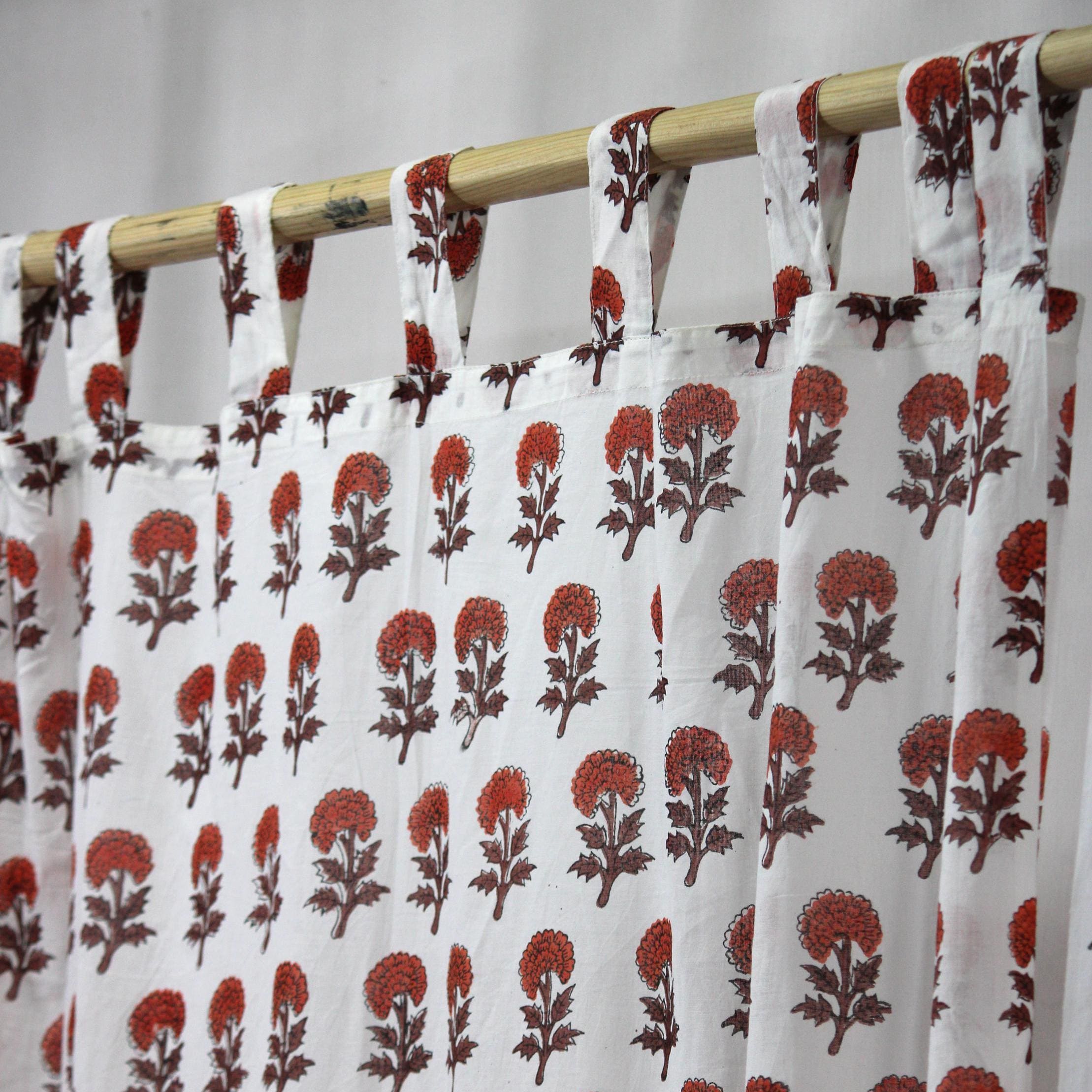 Hand Block Print Cotton Curtains, Boho Floral Light Filtering Window ...