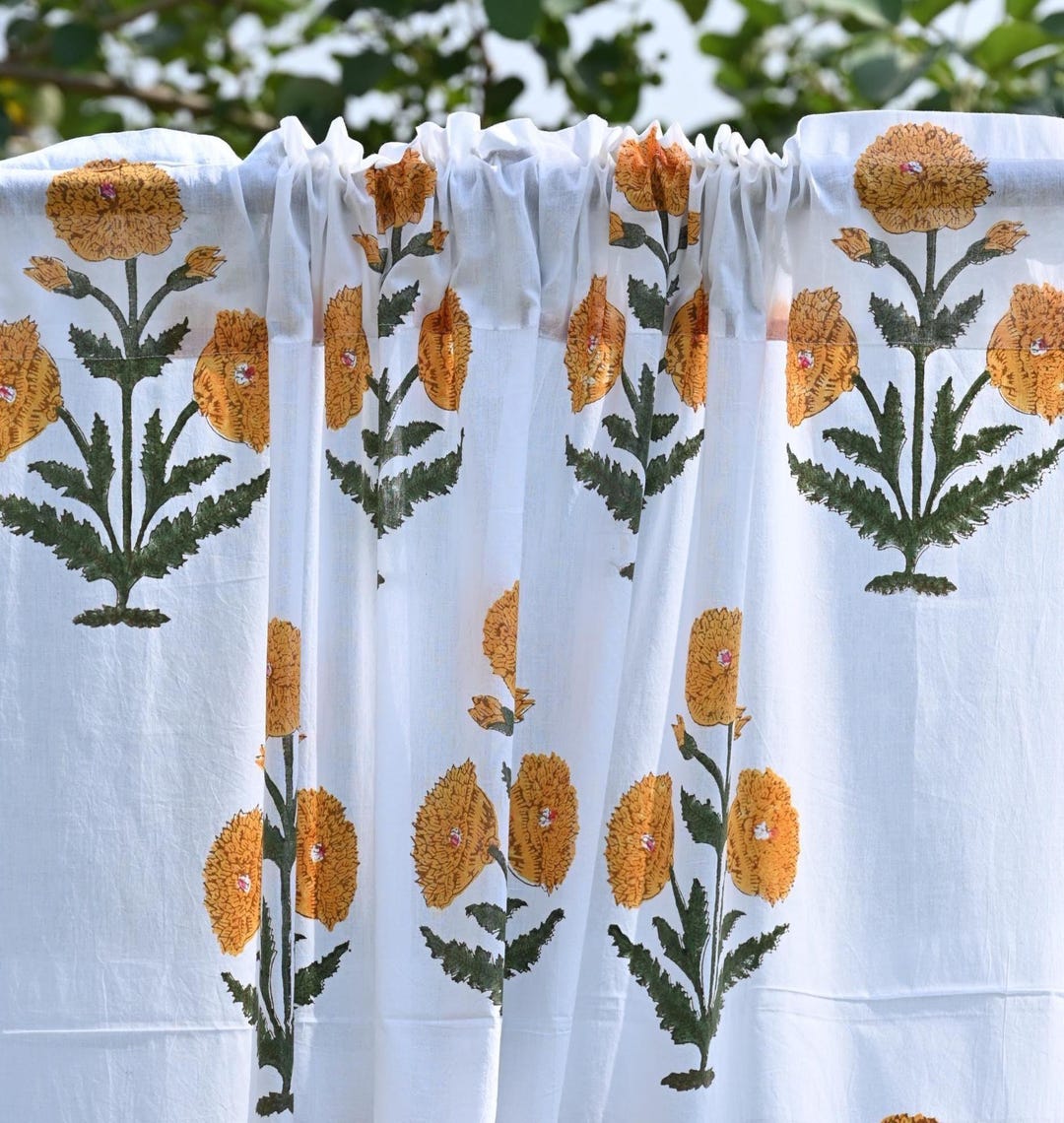 Hand Block Print Cotton Curtains, Poppy Yellow Mughal Floral Curtains ...