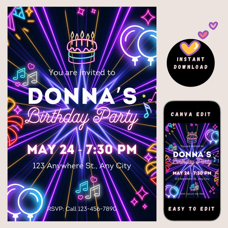 Neon Birthday Party Invitation | Editable Canva Template | Glow Theme ...