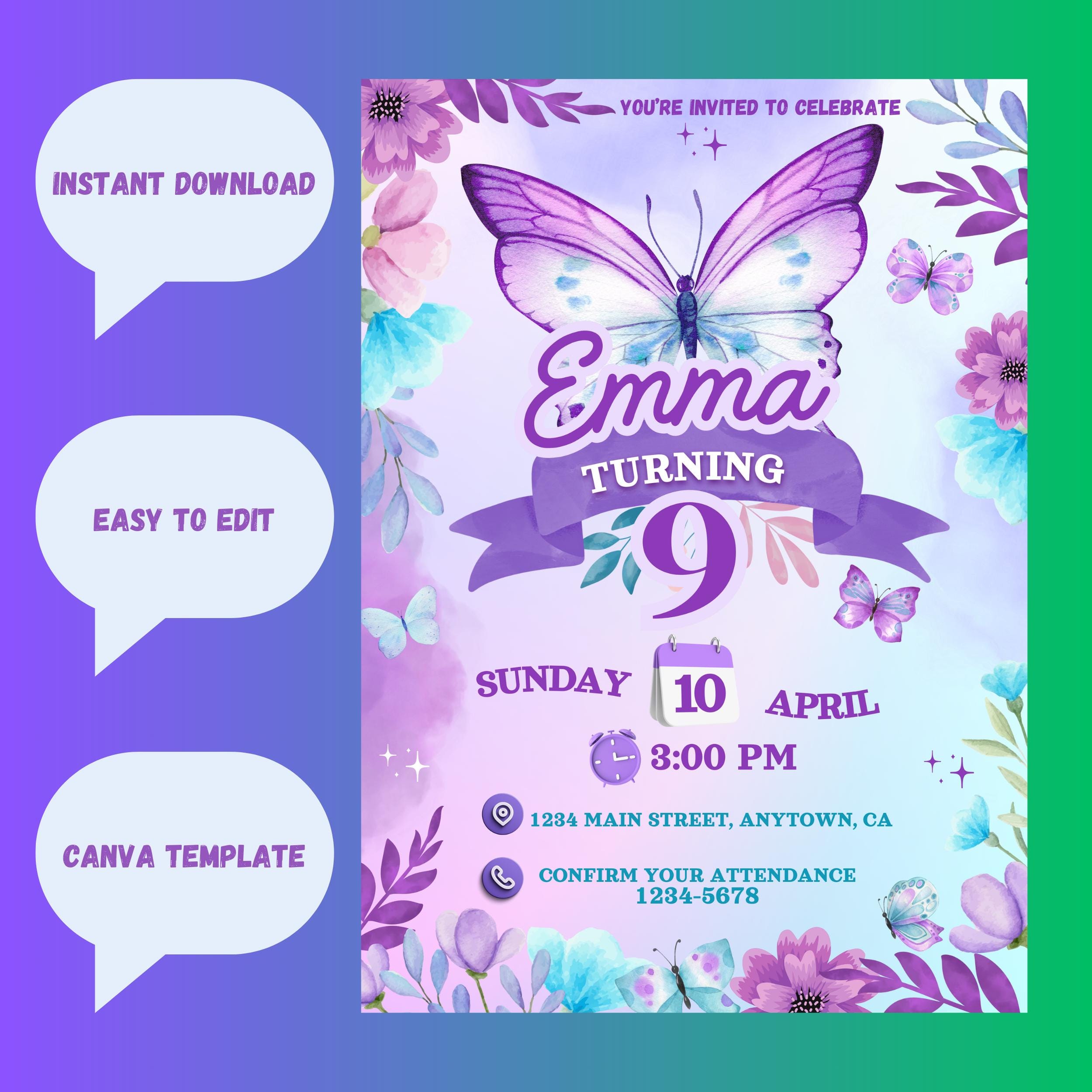 Butterfly Birthday Invitation for Girls | Editable Canva Template | 5 ...