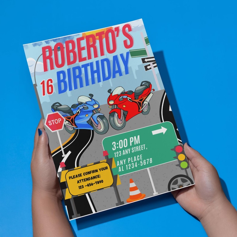 Motorcycle Birthday Invitation for Teens | Editable Canva Pro Template ...