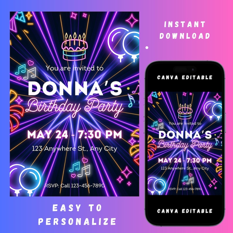 Neon Birthday Party Invitation | Editable Canva Template | Glow Theme ...