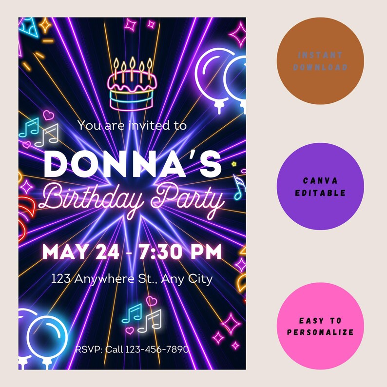 Neon Birthday Party Invitation | Editable Canva Template | Glow Theme ...