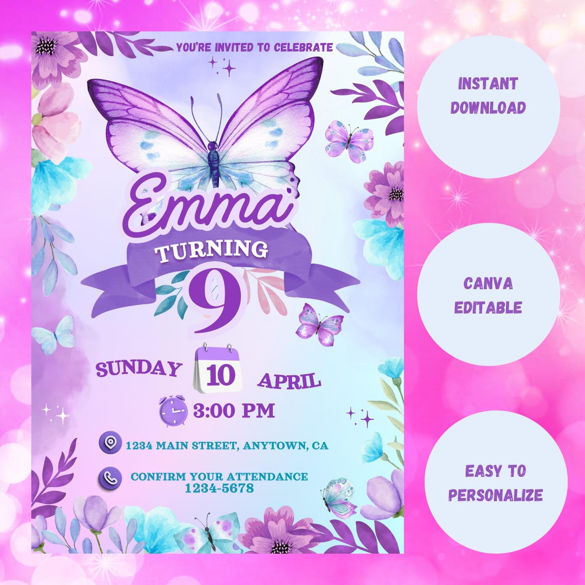 Butterfly Birthday Invitation for Girls | Editable Canva Template | 5 ...