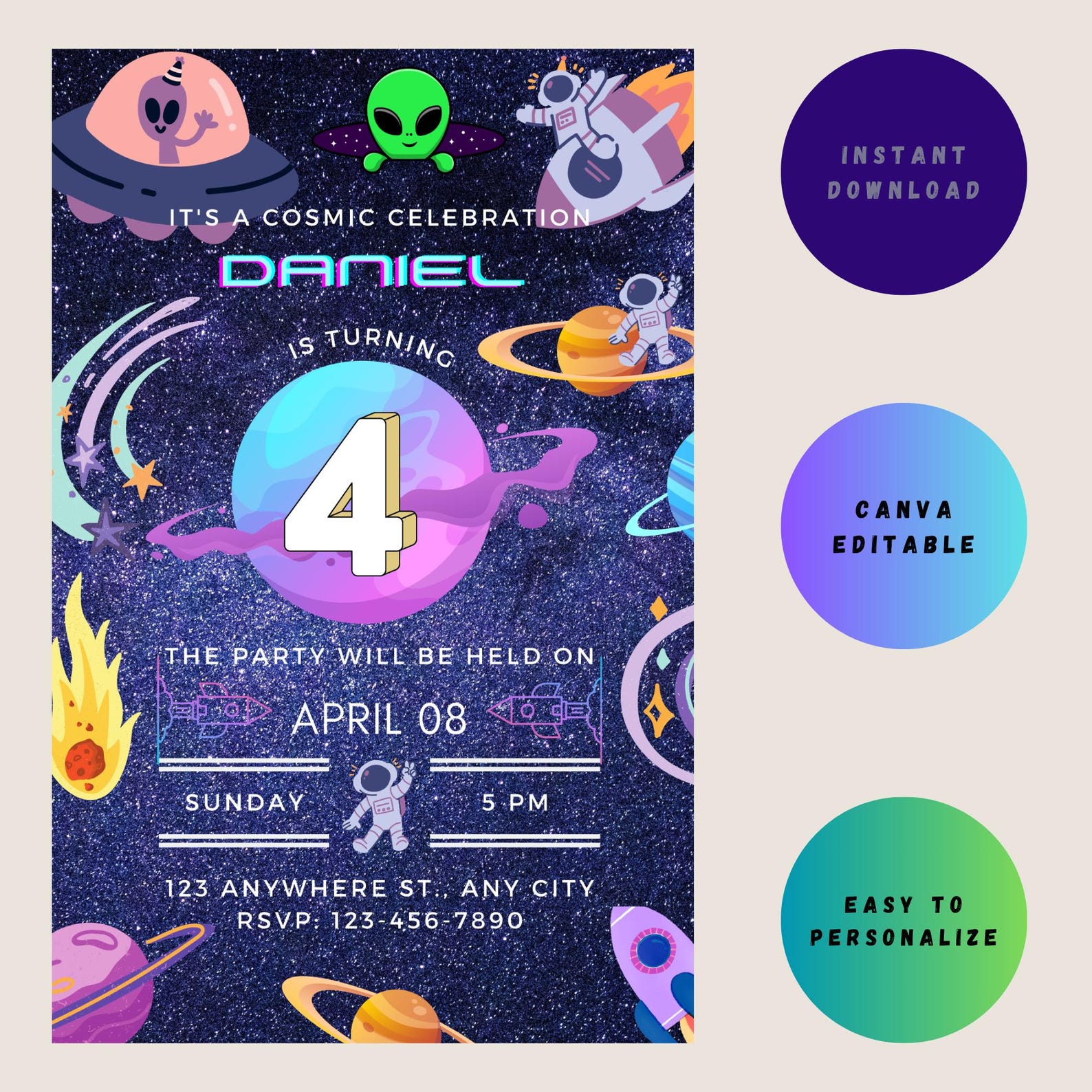 Space Birthday Invitation for Kids | Editable Canva Pro Template ...
