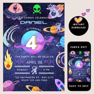 Space Birthday Invitation for Kids | Editable Canva Pro Template ...