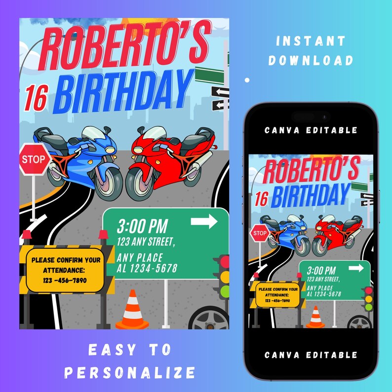Motorcycle Birthday Invitation for Teens | Editable Canva Pro Template ...