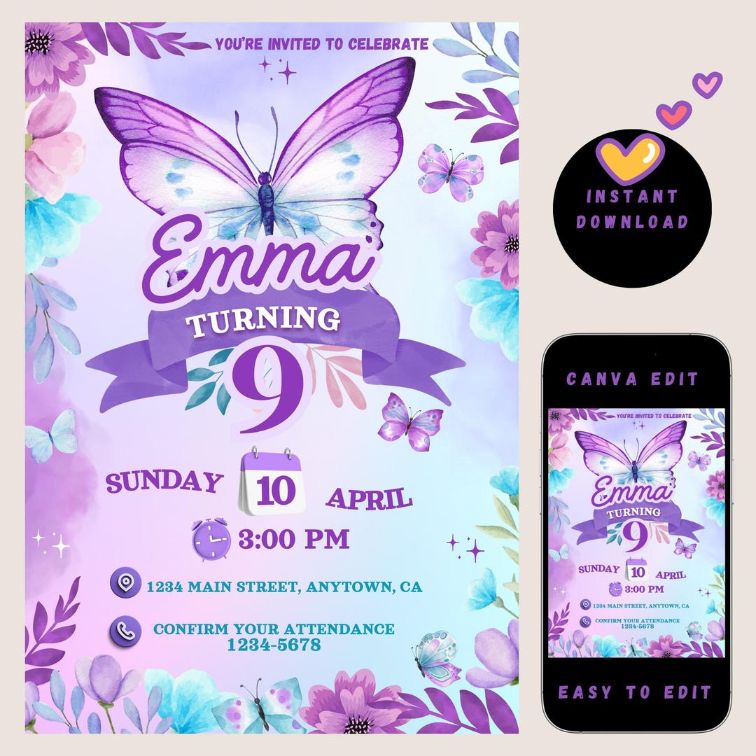 Butterfly Birthday Invitation for Girls | Editable Canva Template | 5 ...