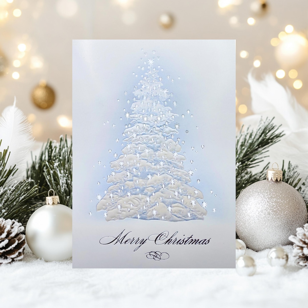 Luxury Embossed Christmas Card With White Snowy Tree - Elegant Folded ...