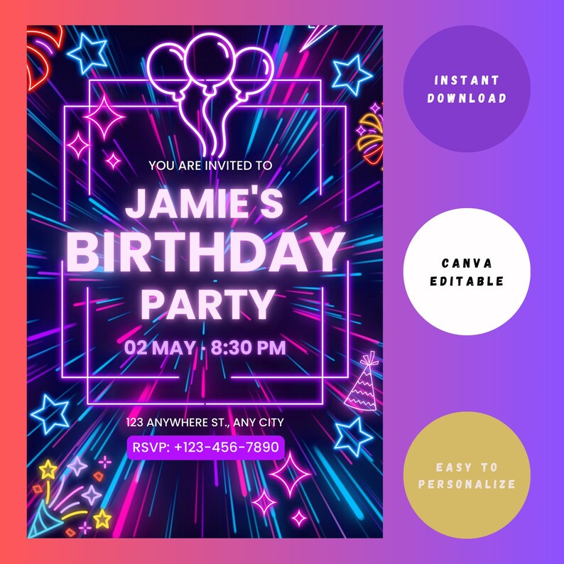 Neon Glow Birthday Party Invitation | Editable Canva Template | Vibrant ...
