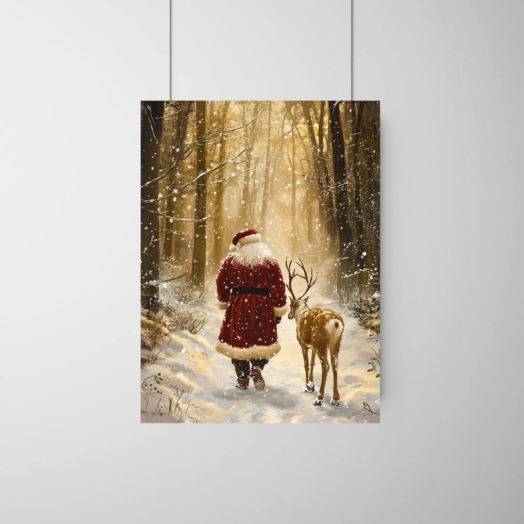 Santa and Reindeer Christmas Art, Digital Print, Reflective Holiday Scene of Santa Walking in ...