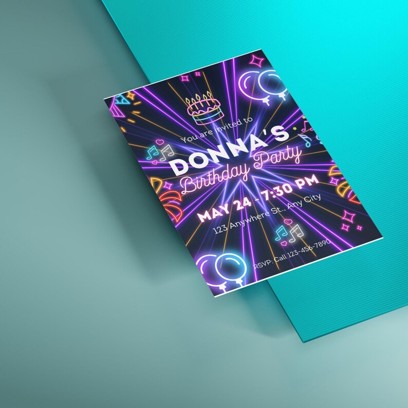 Neon Birthday Party Invitation | Editable Canva Template | Glow Theme ...