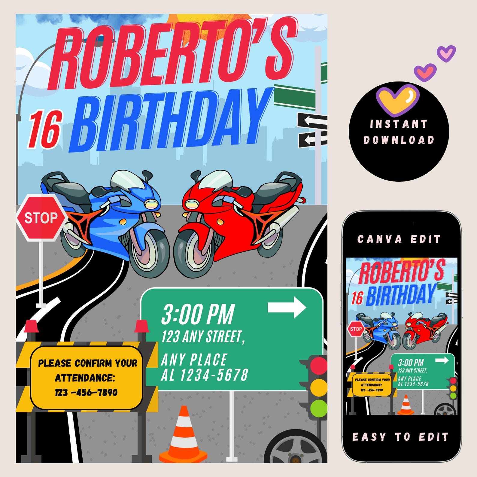 Motorcycle Birthday Invitation for Teens | Editable Canva Pro Template ...