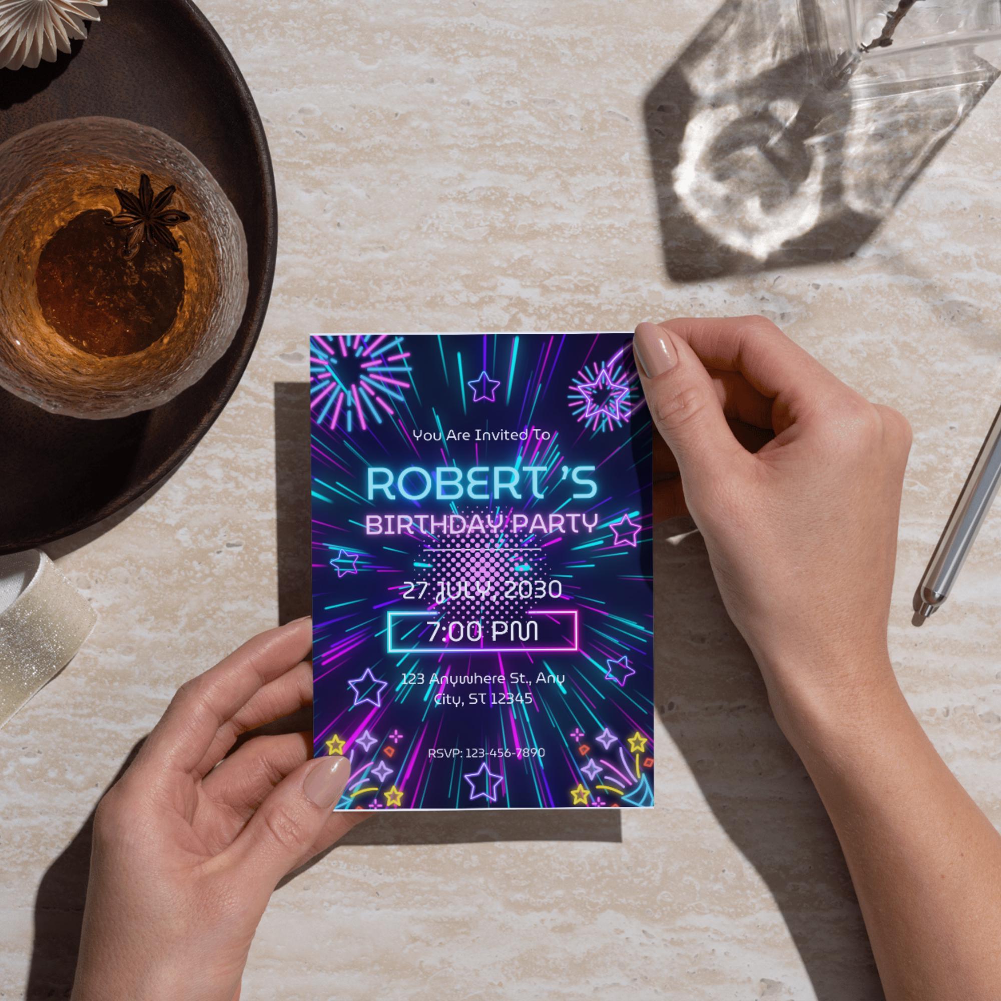 Neon Glow Birthday Invitation for Kids | Editable Canva Template ...