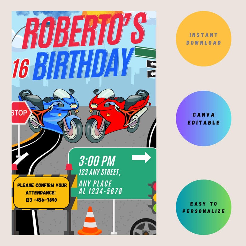 Motorcycle Birthday Invitation for Teens | Editable Canva Pro Template ...