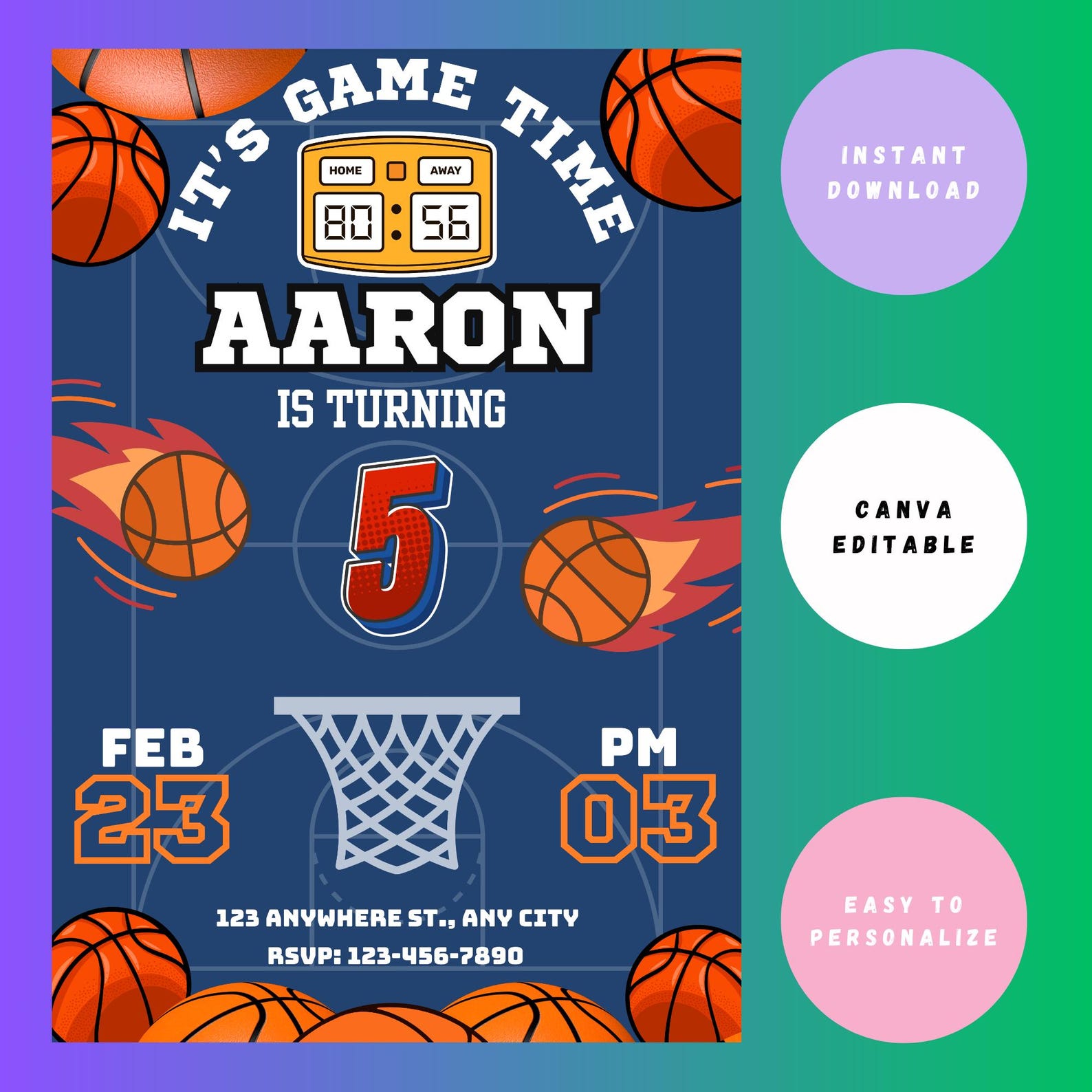 Basketball Birthday Invitation for Kids | Editable Canva Pro Template ...