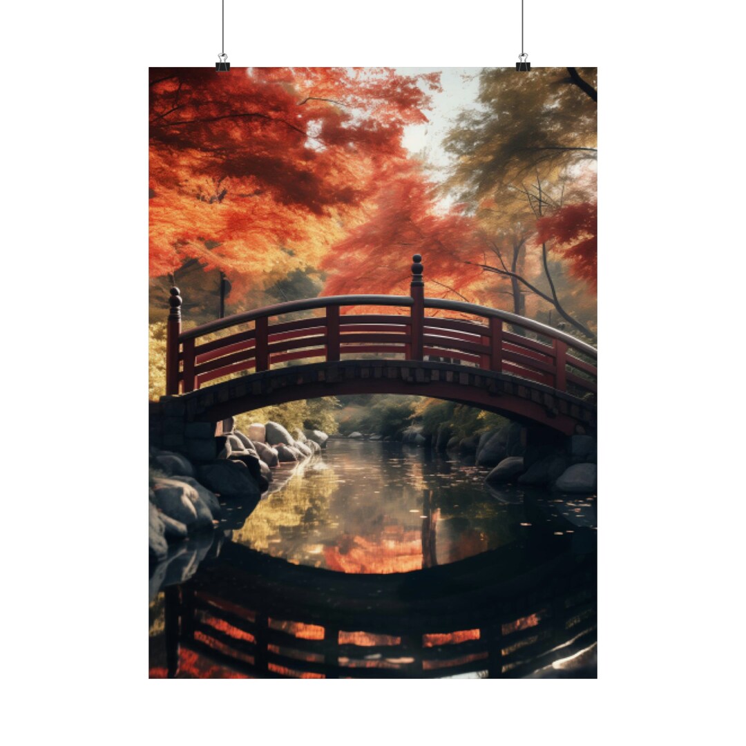 A Traditional Japanese Bridge Over a Gently Flowing River With - Etsy