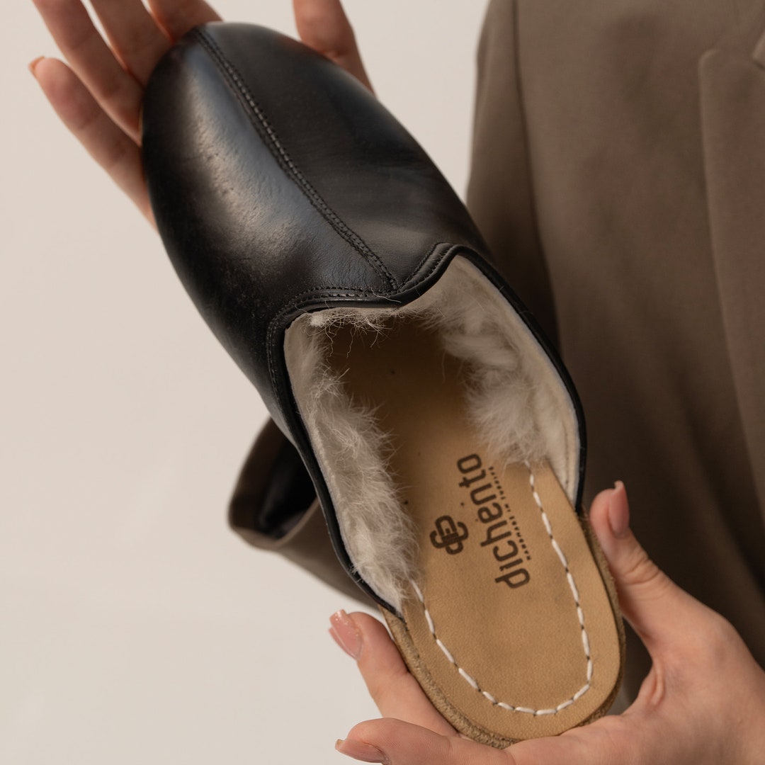 Women Mule Slippers BLACK SHEARLING Turkish Genuine Leather Handmade ...